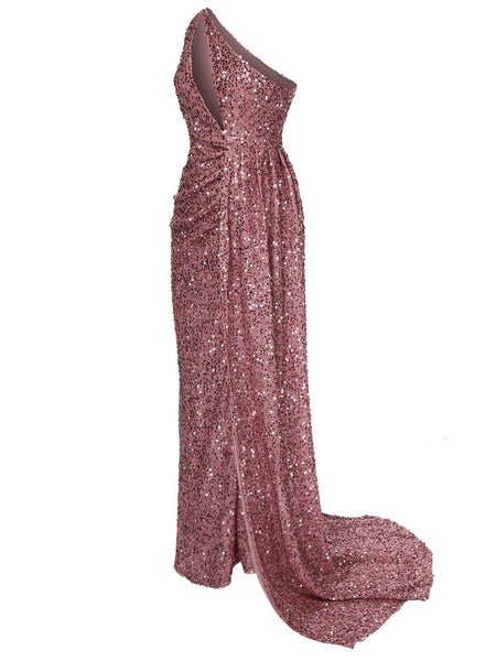 Robe longue de soirée à paillettes violette à une épaule des années 19 ...