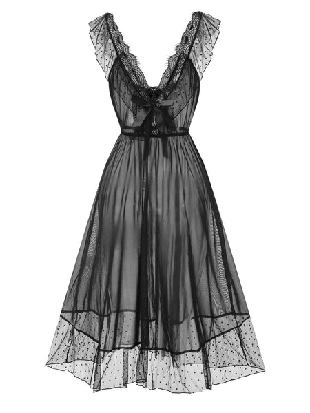 Chemise de nuit transparente noire à pois et bordures en dentelle des ...